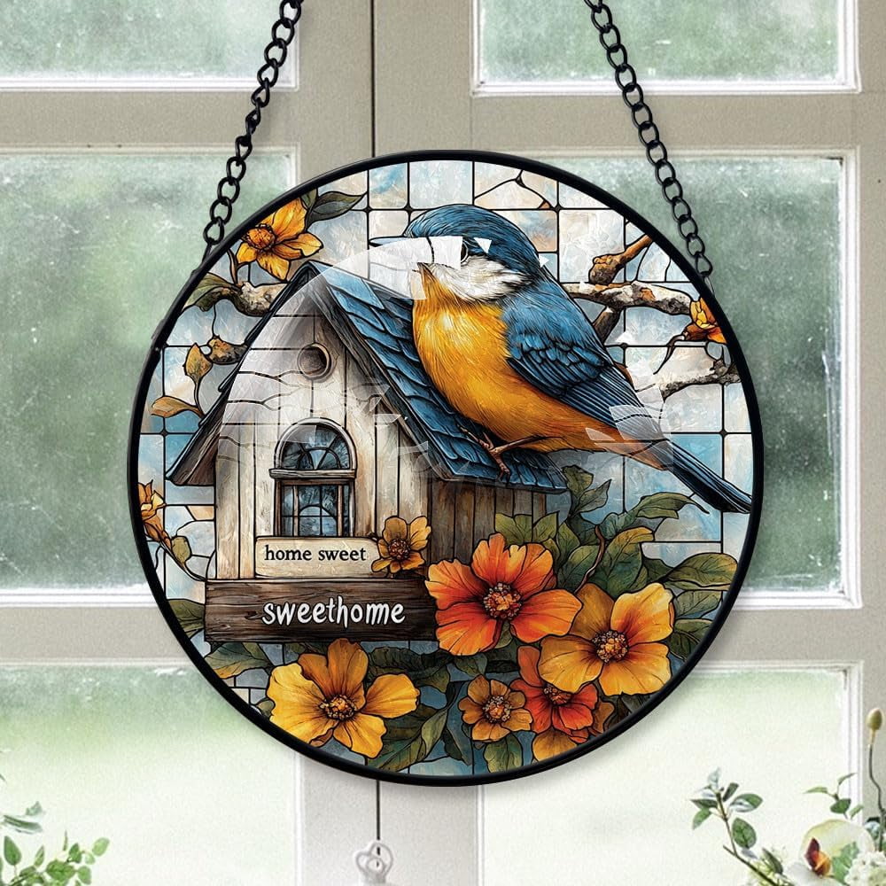 Personalized Bird House Suncatcher Stained Glass, Bird House Stained ...