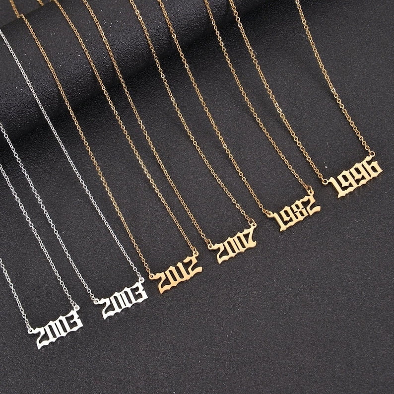 Personalized Birth Year Pendant Necklace | Custom Old English Font ...
