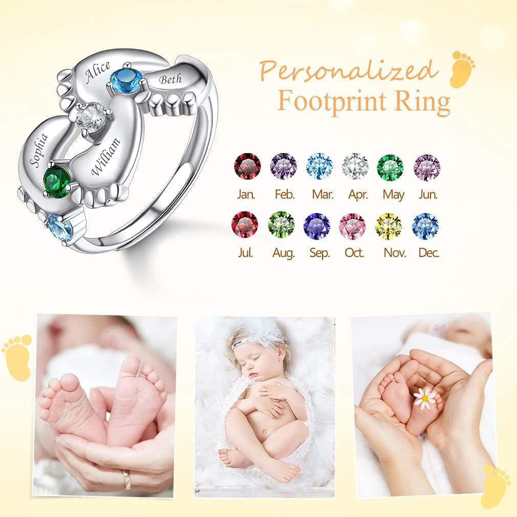 Personalized Birthstones Baby Feet Ring 925 Sterling Silver Open Adjustable - Walmart.com