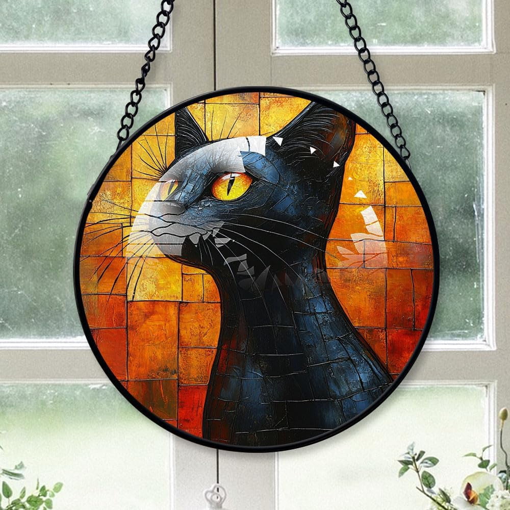 Personalized Black Cat Stained Glass Suncatcher Window Hanging, Black Cat Hand-Painted Glass ...