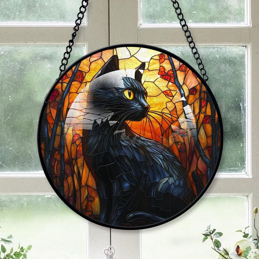 Personalized Black Cat Suncatcher Stained Glass Suncatchers, Black Cat ...