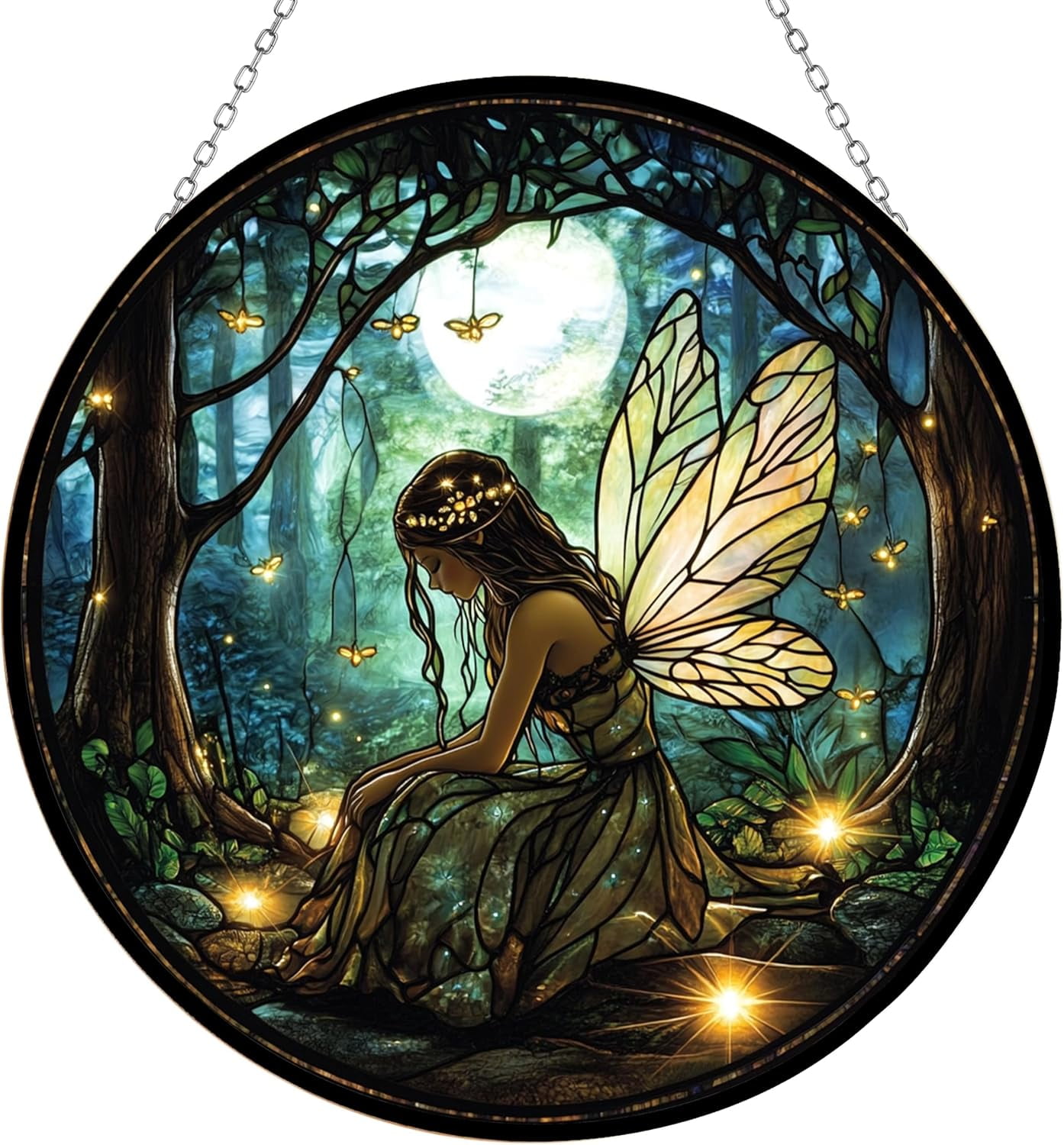 Personalized Boho Fairy and Fireflies Stained Glass Suncatcher Stained ...