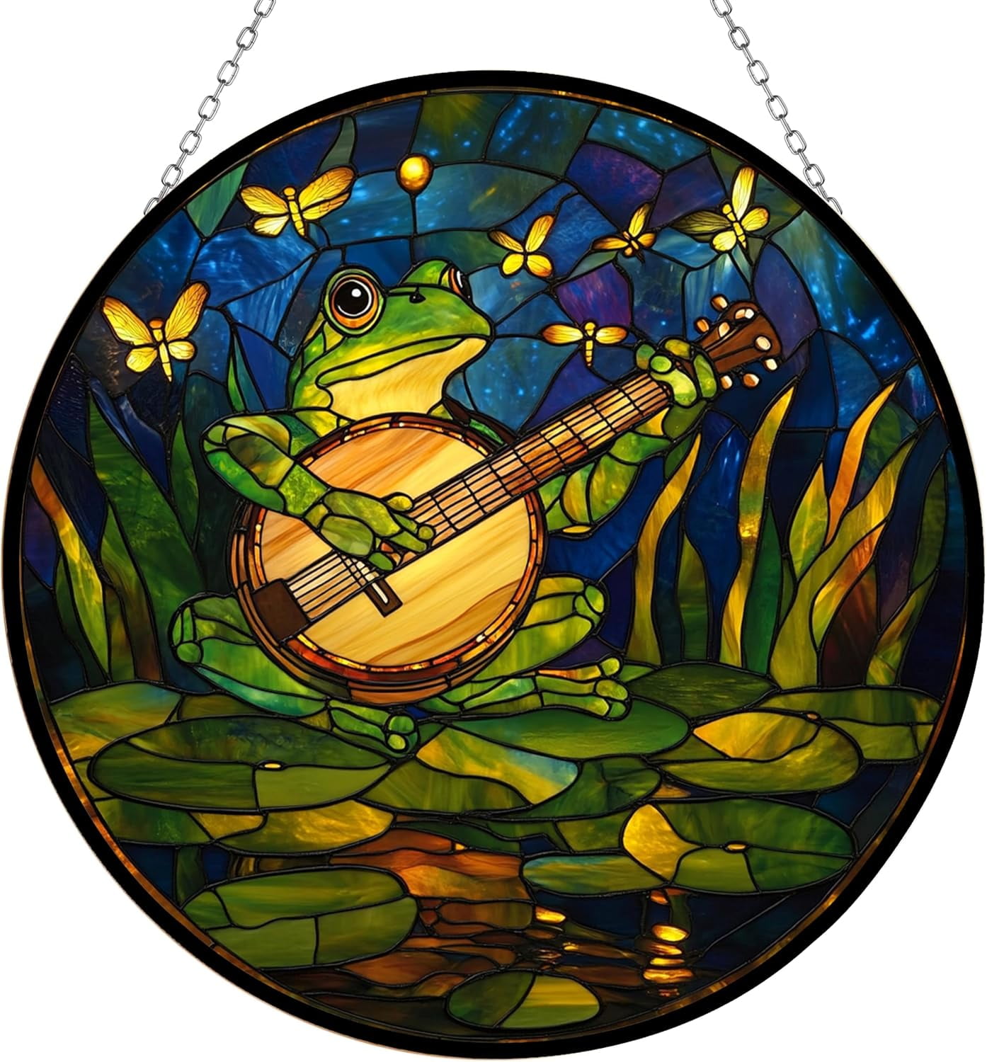 Personalized Boho Frog Playing A Banjo Stained Glass Suncatcher Stained ...