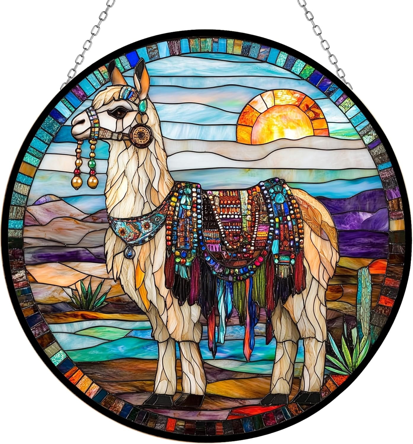 Personalized Boho Llama Caravan Stained Glass Window Hanging Suncatcher ...