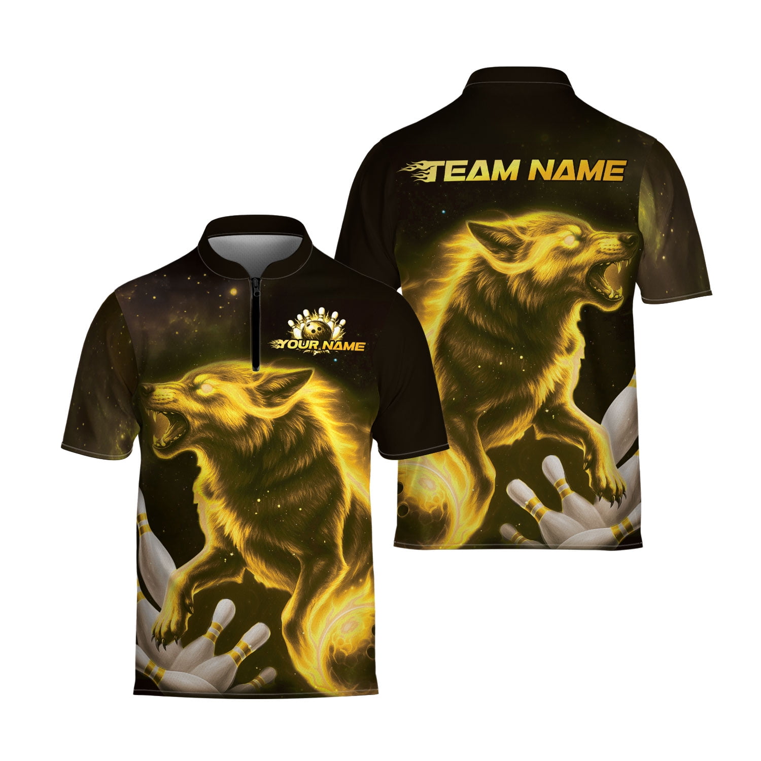 Personalized Bowling Jersey Yellow Wolf Bowling Shirt for Team 1/4 ...