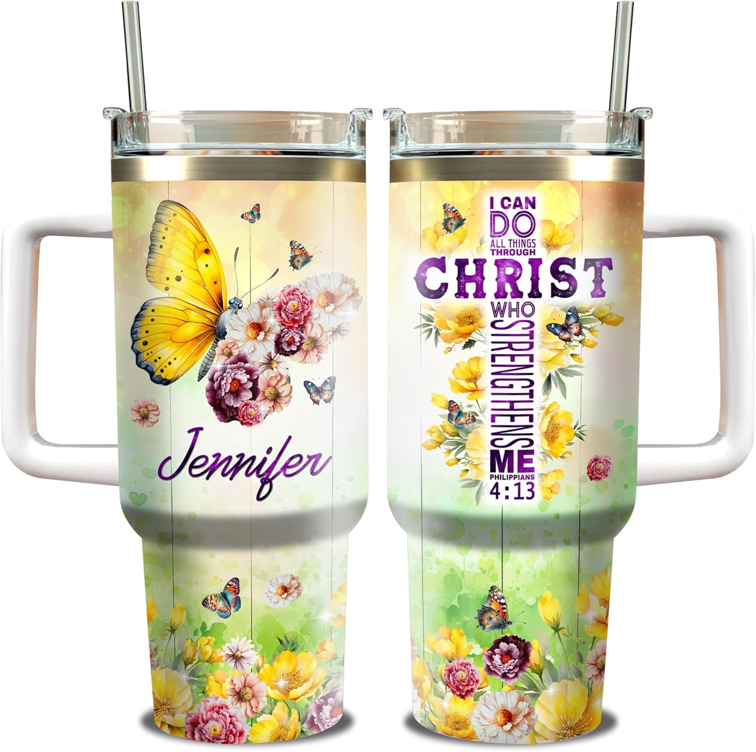 Personalized Butterfly Faith Christian Tumbler 40oz with Handle and ...