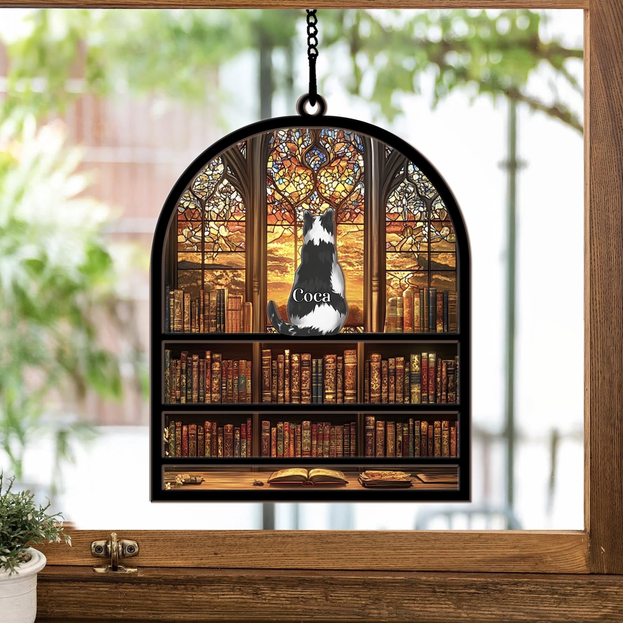 Personalized Cat Book Suncatcher, Custom Reading Cat Acrylic Ornament ...