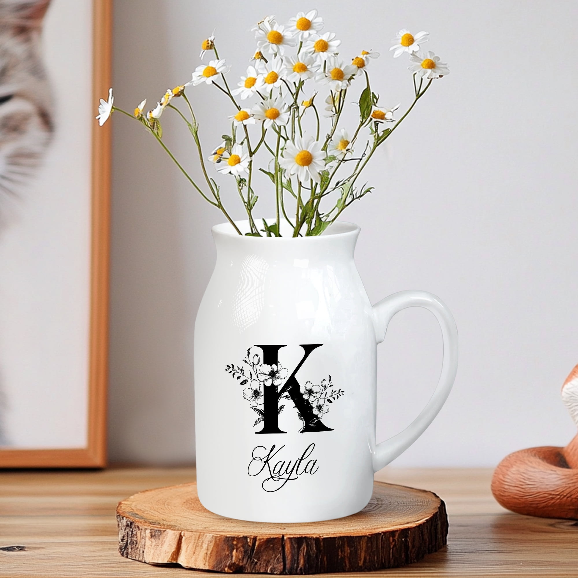 Personalized Ceramic Jug Vase with Minimal Floral Monogram – Custom ...