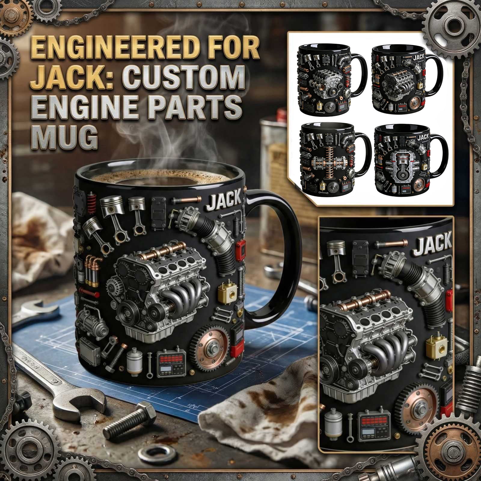 Personalized Ceramic Mug with Engine Design for Car Enthusiasts, 2D ...