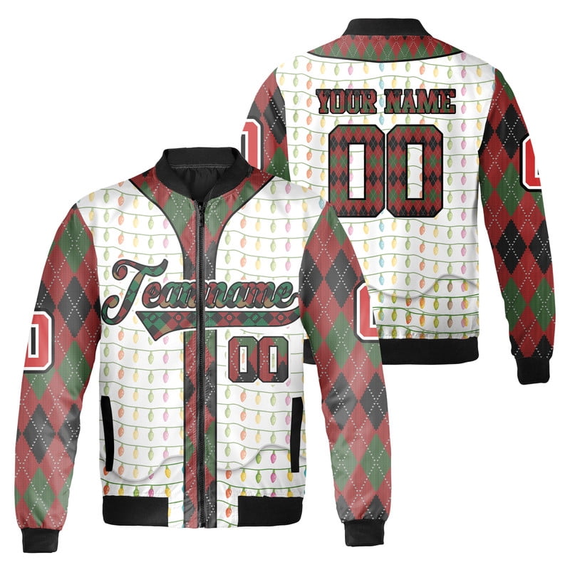 Personalized Christmas Bomber Jacket - Custom Plaid Holiday Lights ...