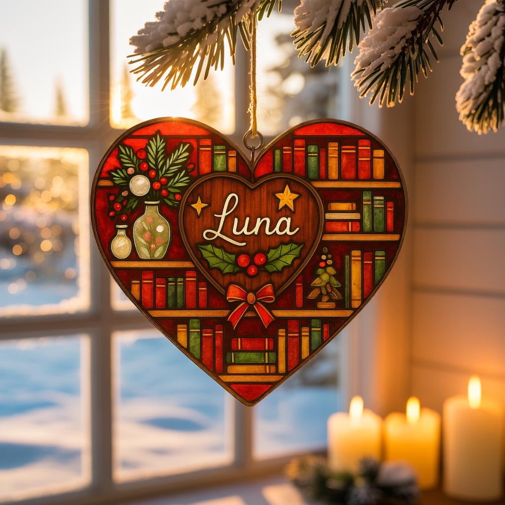 Personalized Christmas Bookshelf Suncatcher, Book Lovers Christmas ...