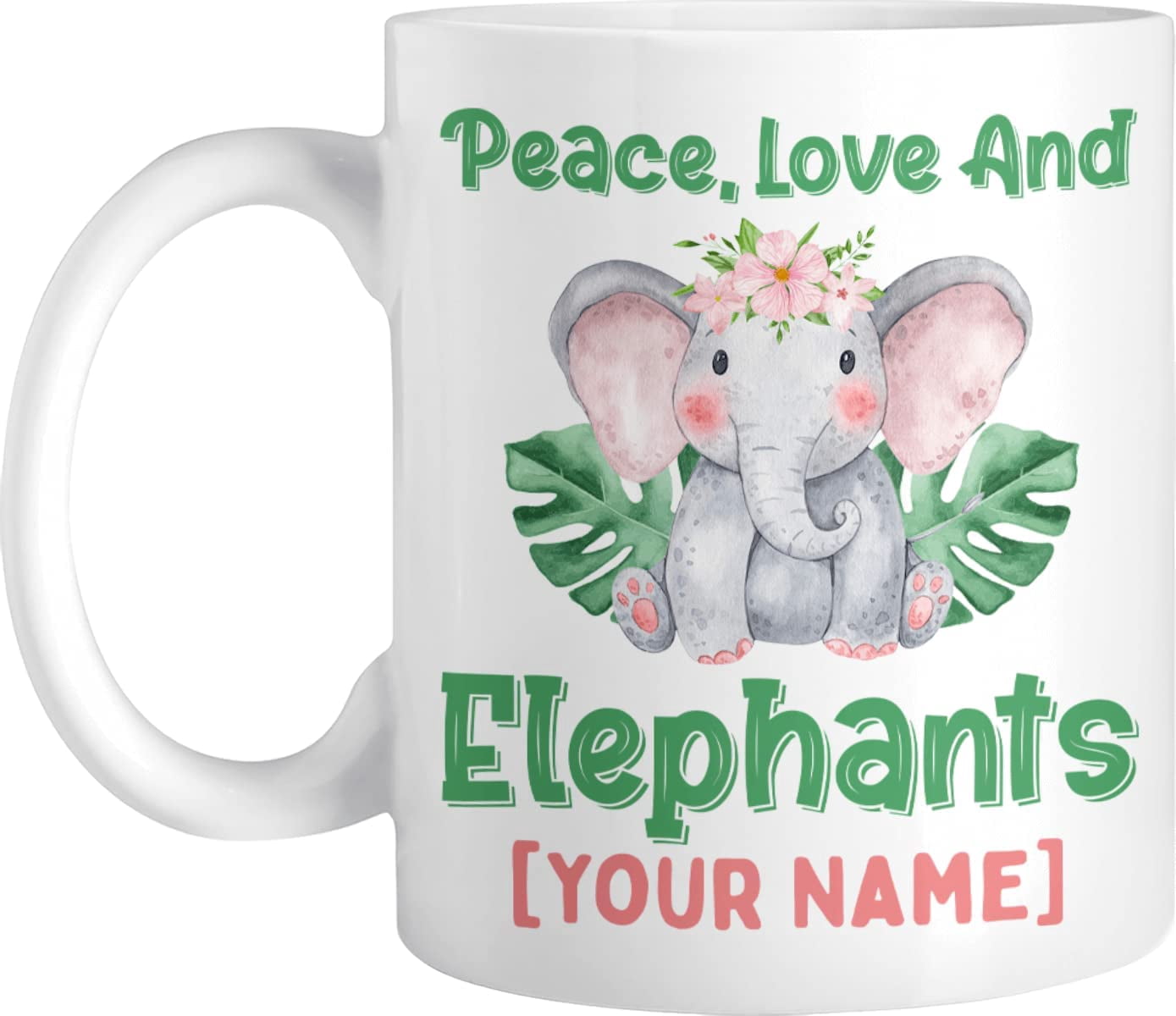 Personalized Coffee Mug Cute Elephant On Leaves, Customized Name Peace ...