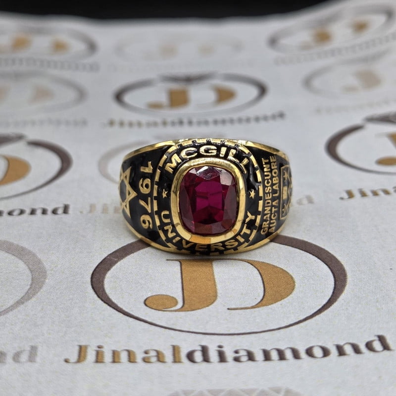 Personalized College Style Fashion Ring with Red Stone-Look Center and ...
