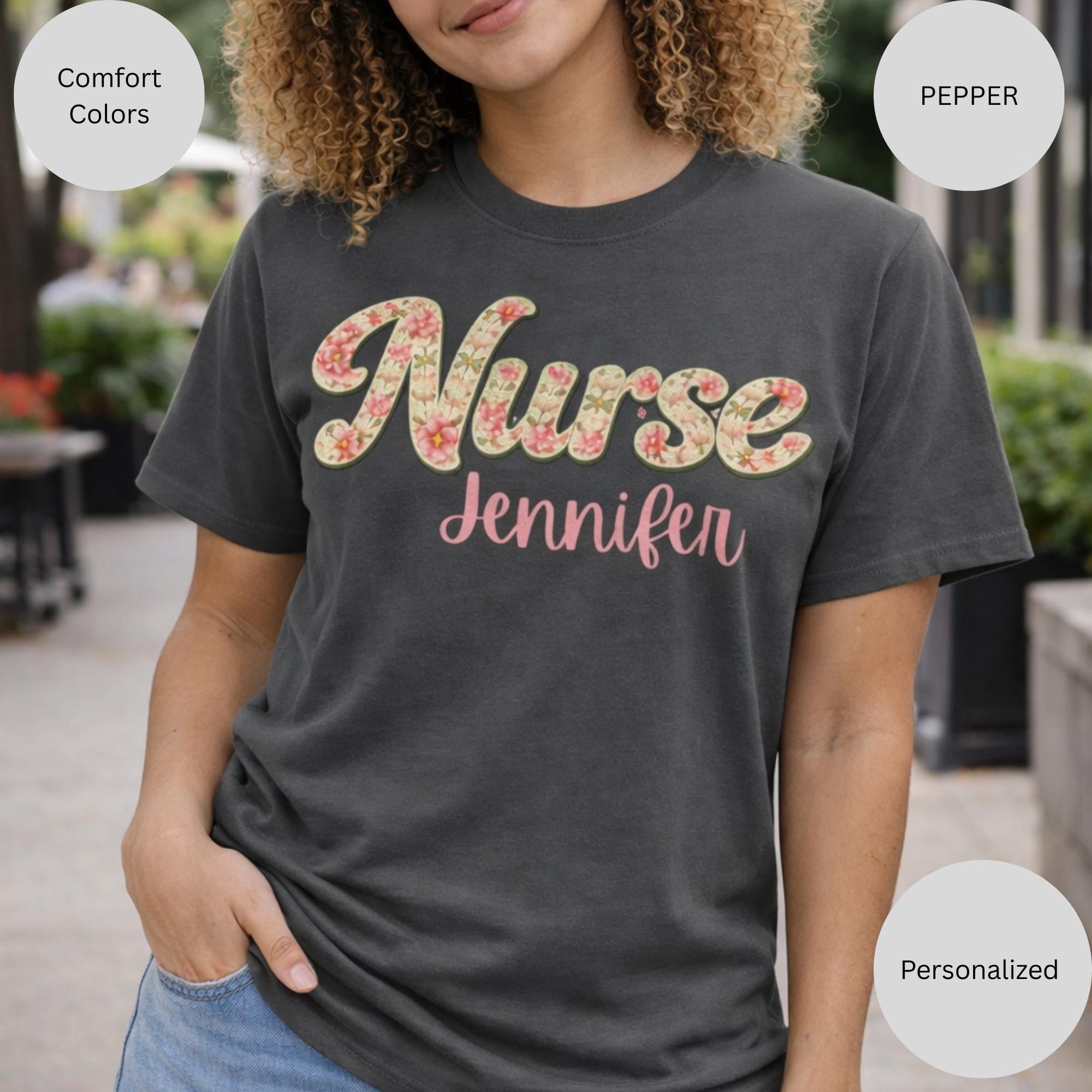 Personalized Comfort Colors Nurse Shirt, RN Name Tee with Floral Design ...