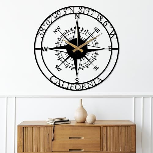 Personalized Compass Metal Wall Clock, Customize Coordinates Compass ...