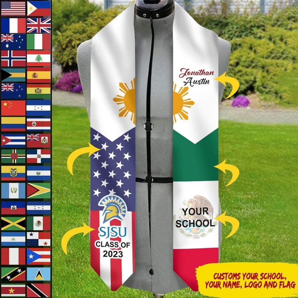 Personalized Congrats 2025 Graduation Stole, Mixed Two Flag Graduation ...