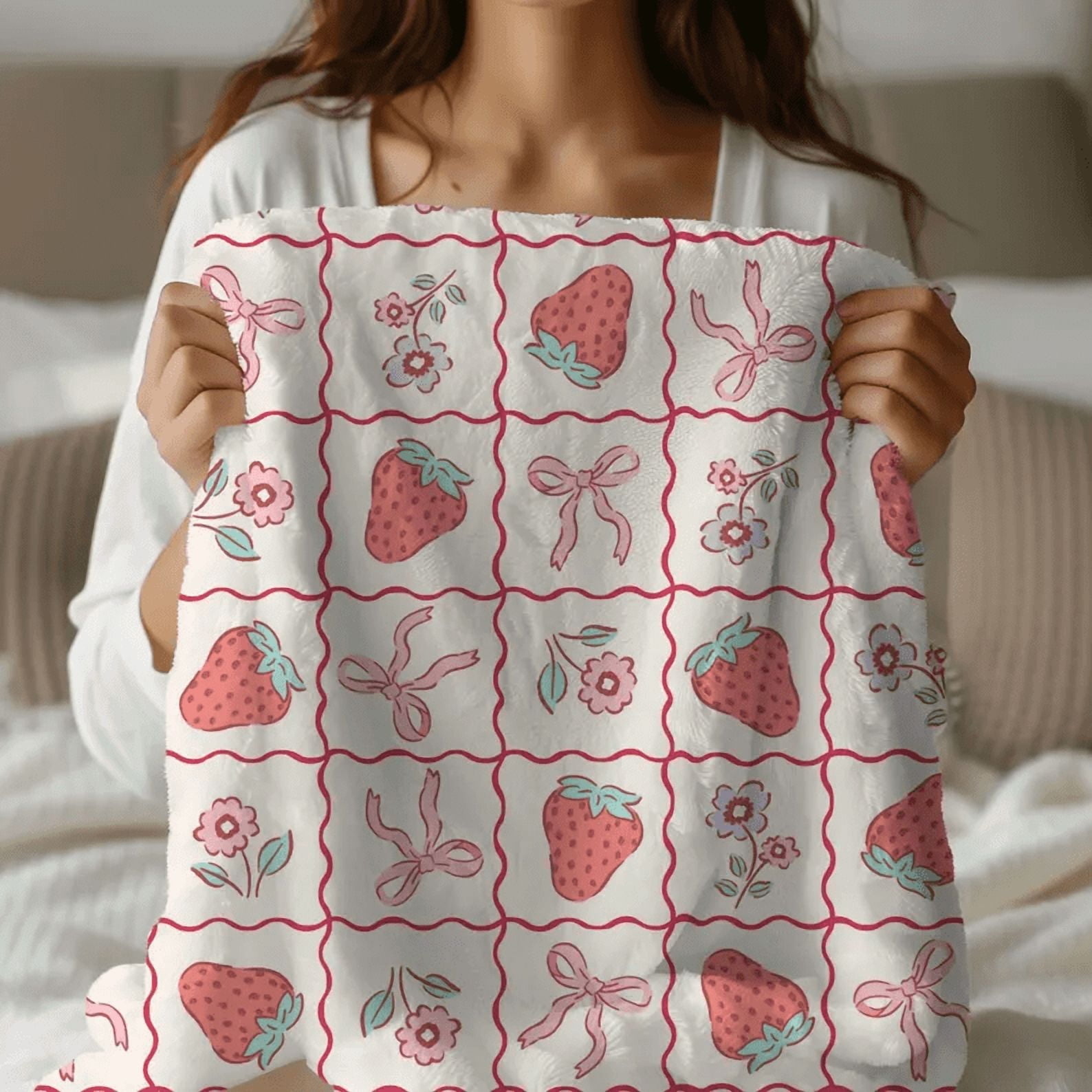 Personalized Coquette Pink Bow Blanket, Cute Strawberry Room Decor ...