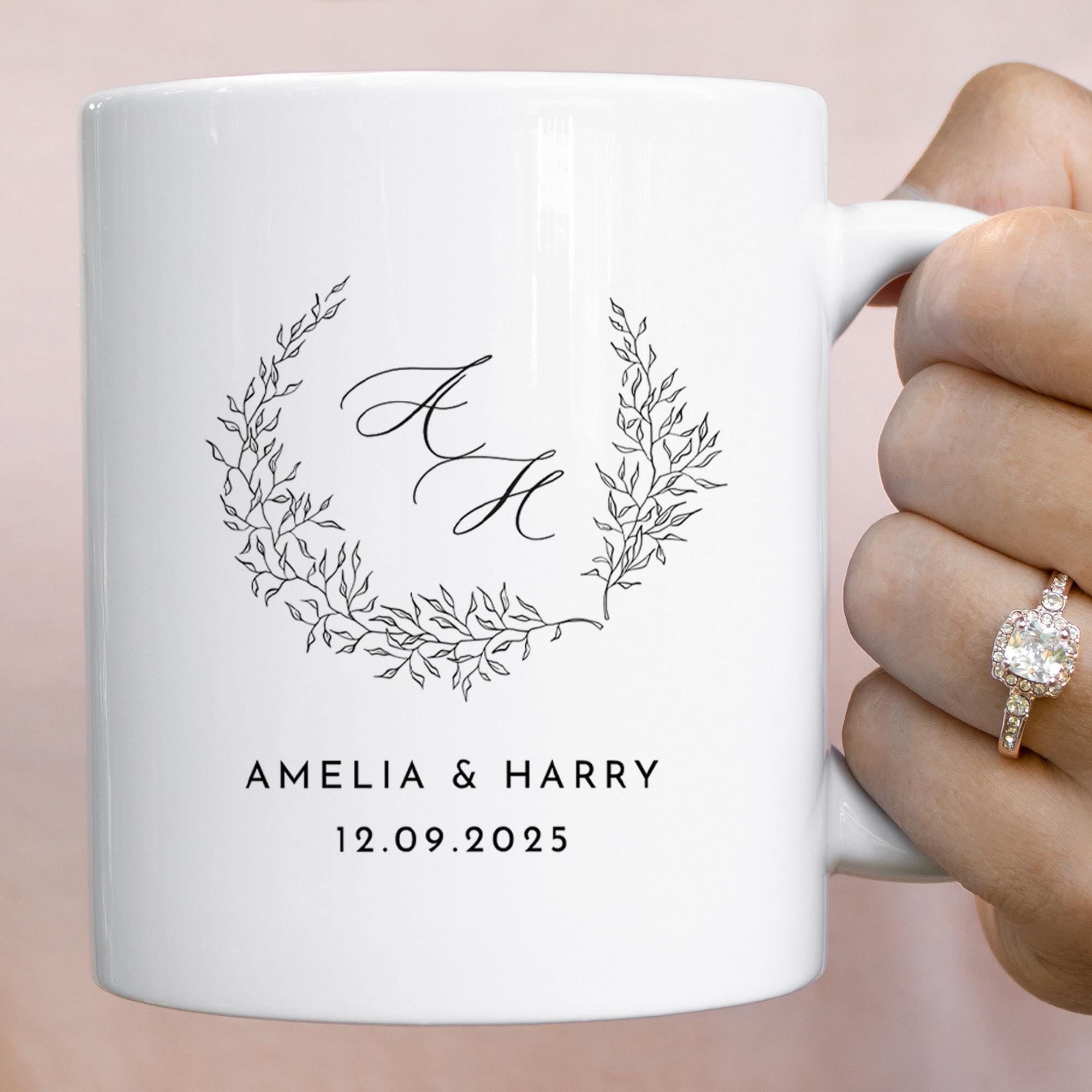 Personalized Couple Initials Mug, Wedding Date, Wreath Design ...