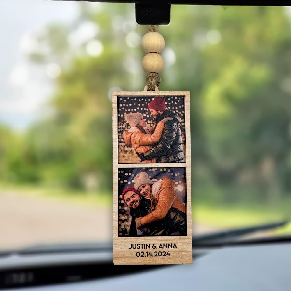 Personalized Couple Photo Hanger - Wooden Ornament, Rear View Mirror ...