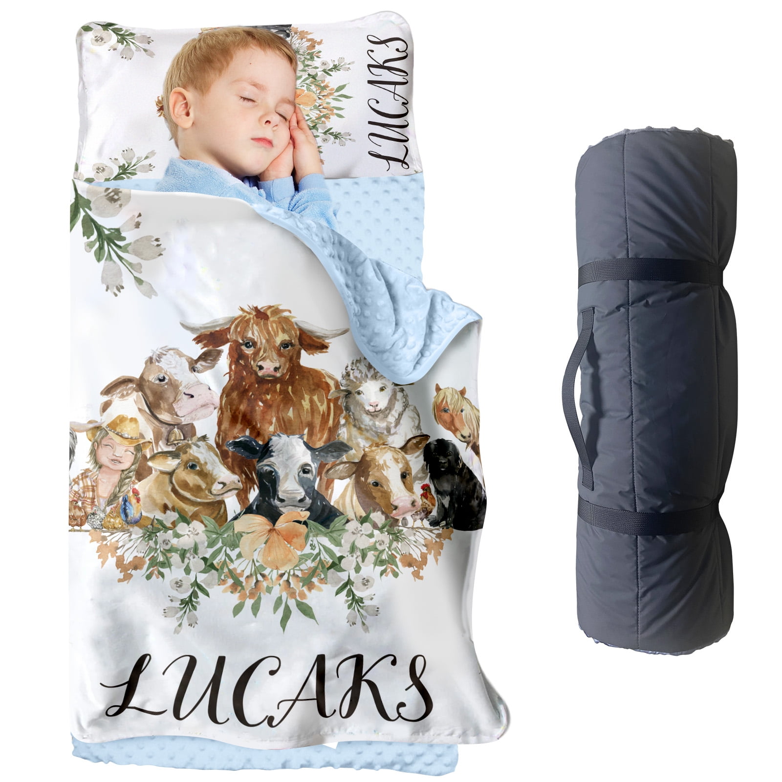 Personalized Cow-Themed Bean Velvet Nap Mat for Kids – Soft Toddler Sleeping Mat with Custom ...