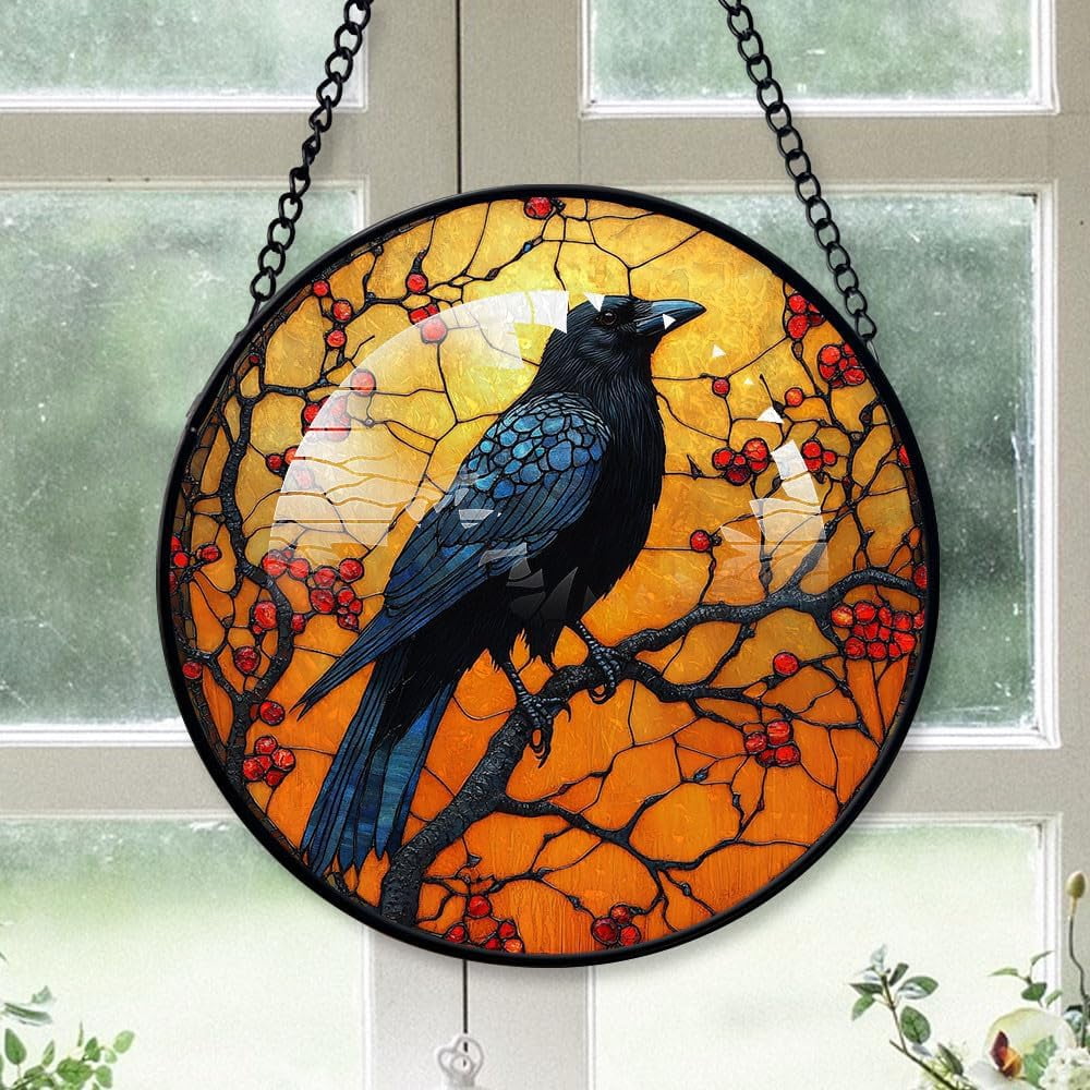 Personalized Crow Sunset Suncatcher Stained Glass, Crow Sunset Stained ...