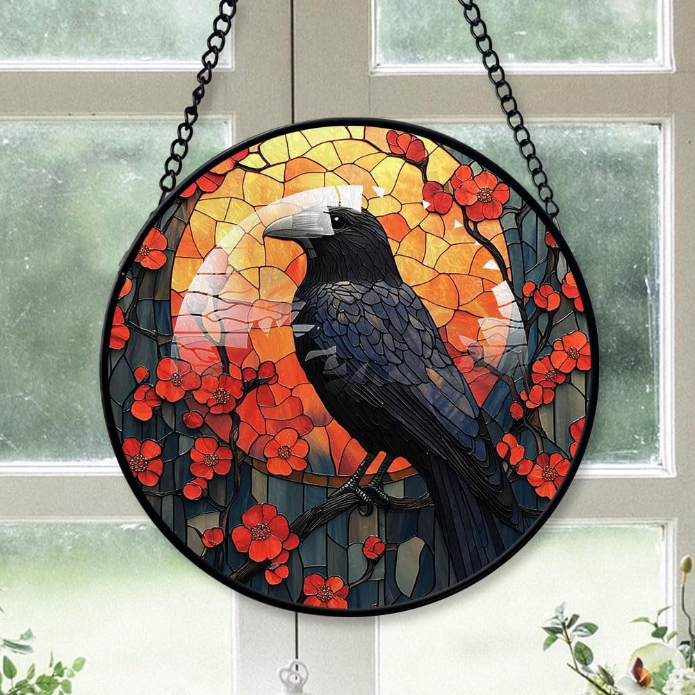 Personalized Crow Sunset Suncatcher Stained Glass, Crow Sunset Stained ...
