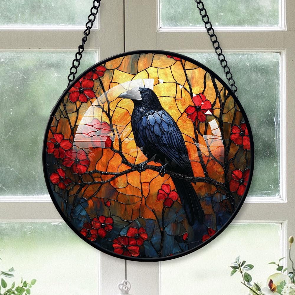 Personalized Crow Sunset Suncatcher Stained Glass Suncatchers, Crow Sunset Ornament for Sun ...