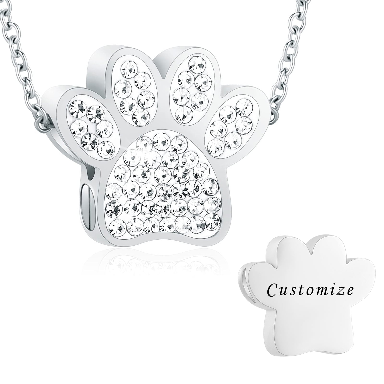 Personalized Crystal Paw Print Urn Necklace for Ashes Stainless Steel ...
