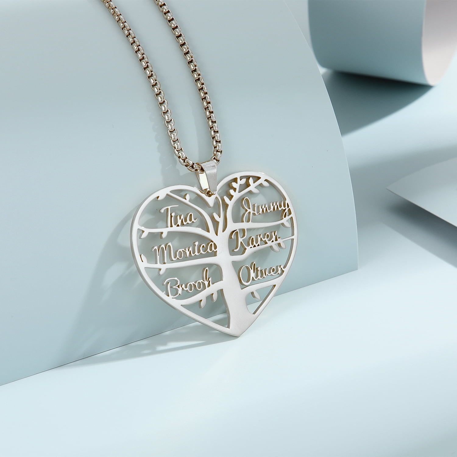 Personalized Custom 6 Names Family Tree Necklaces Stainless Steel Heart ...