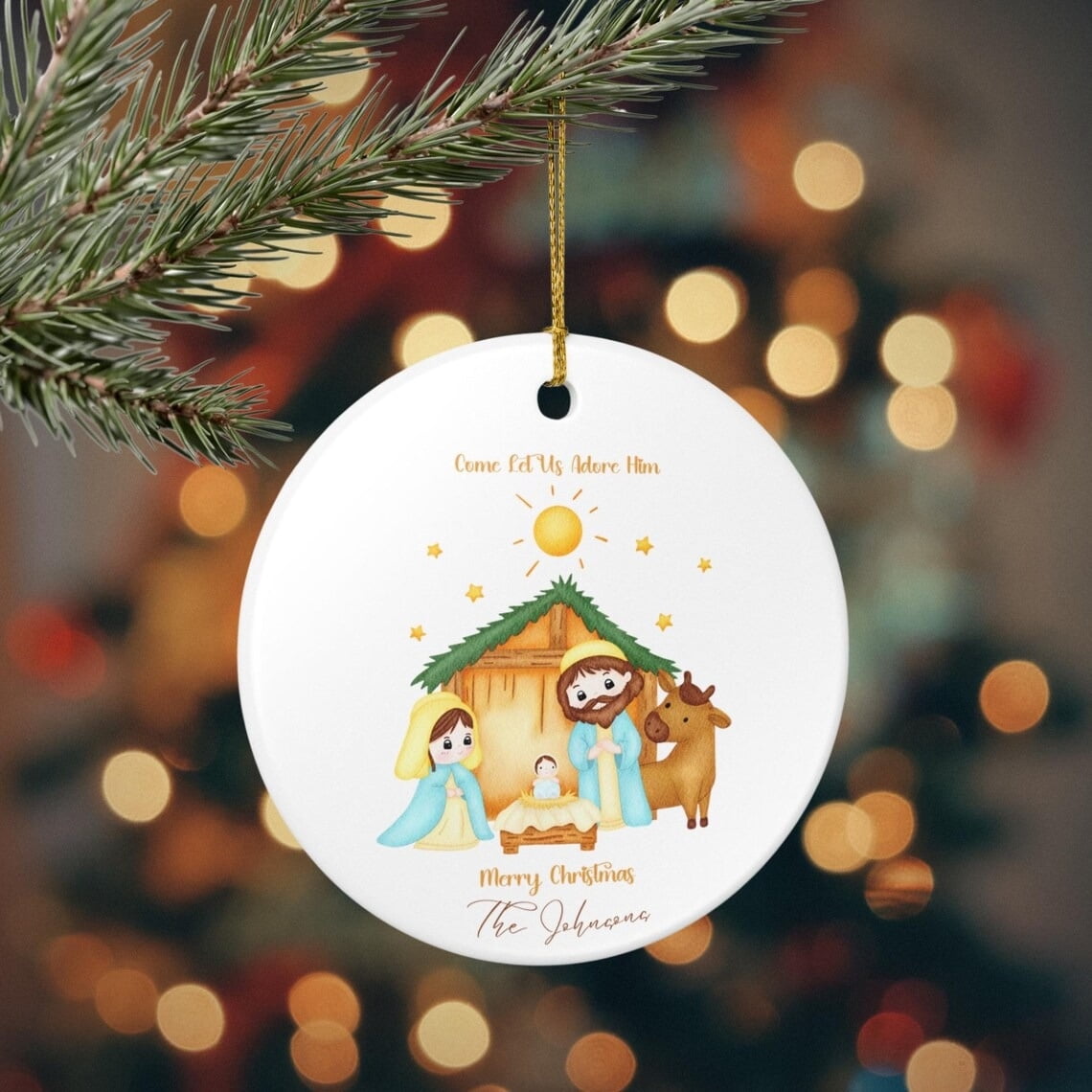 Personalized Cute Cartoon Nativity Scene Christmas Ceramic Ornament ...