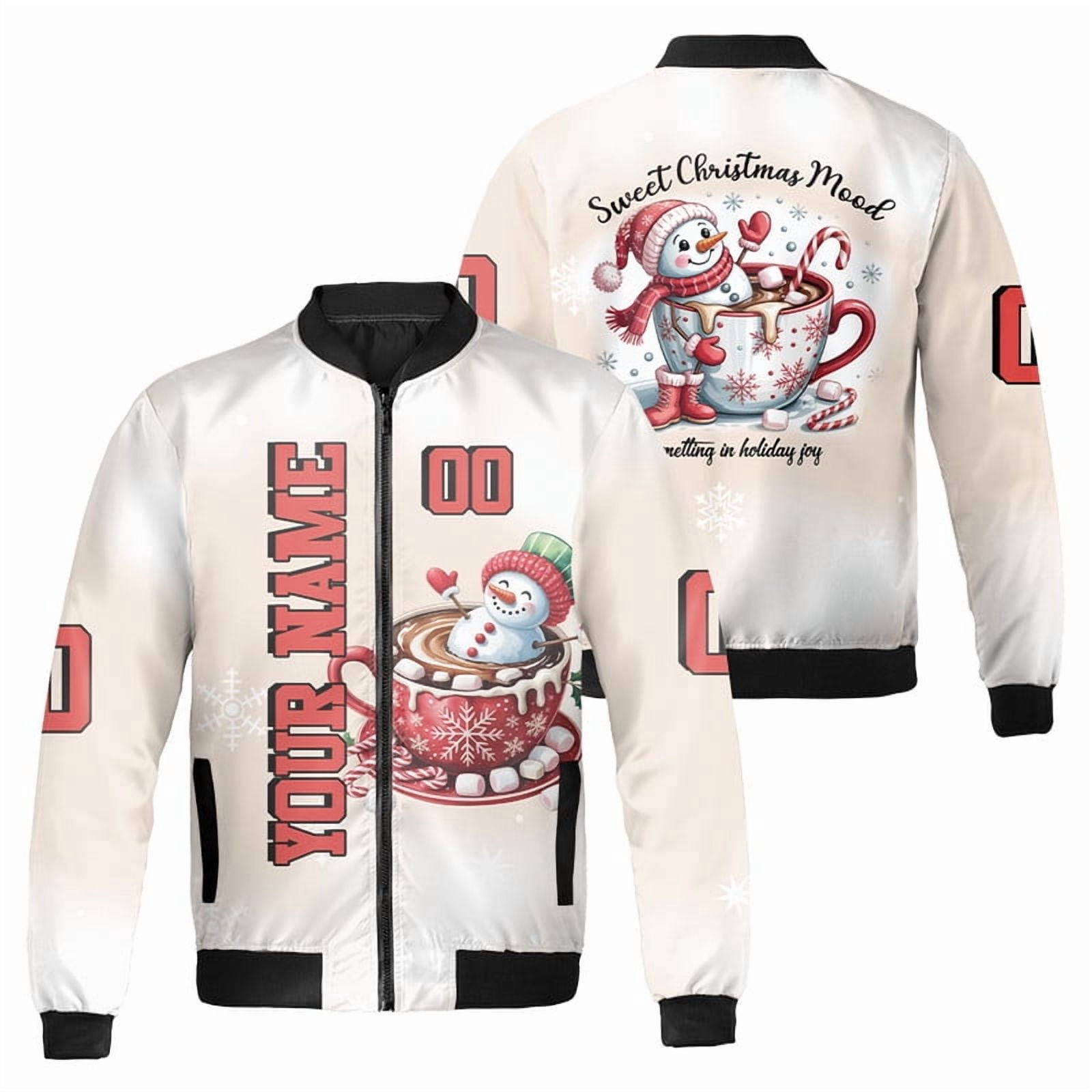 Personalized Cute Snowman in Hot Cocoa Cup Christmas Bomber Jacket ...