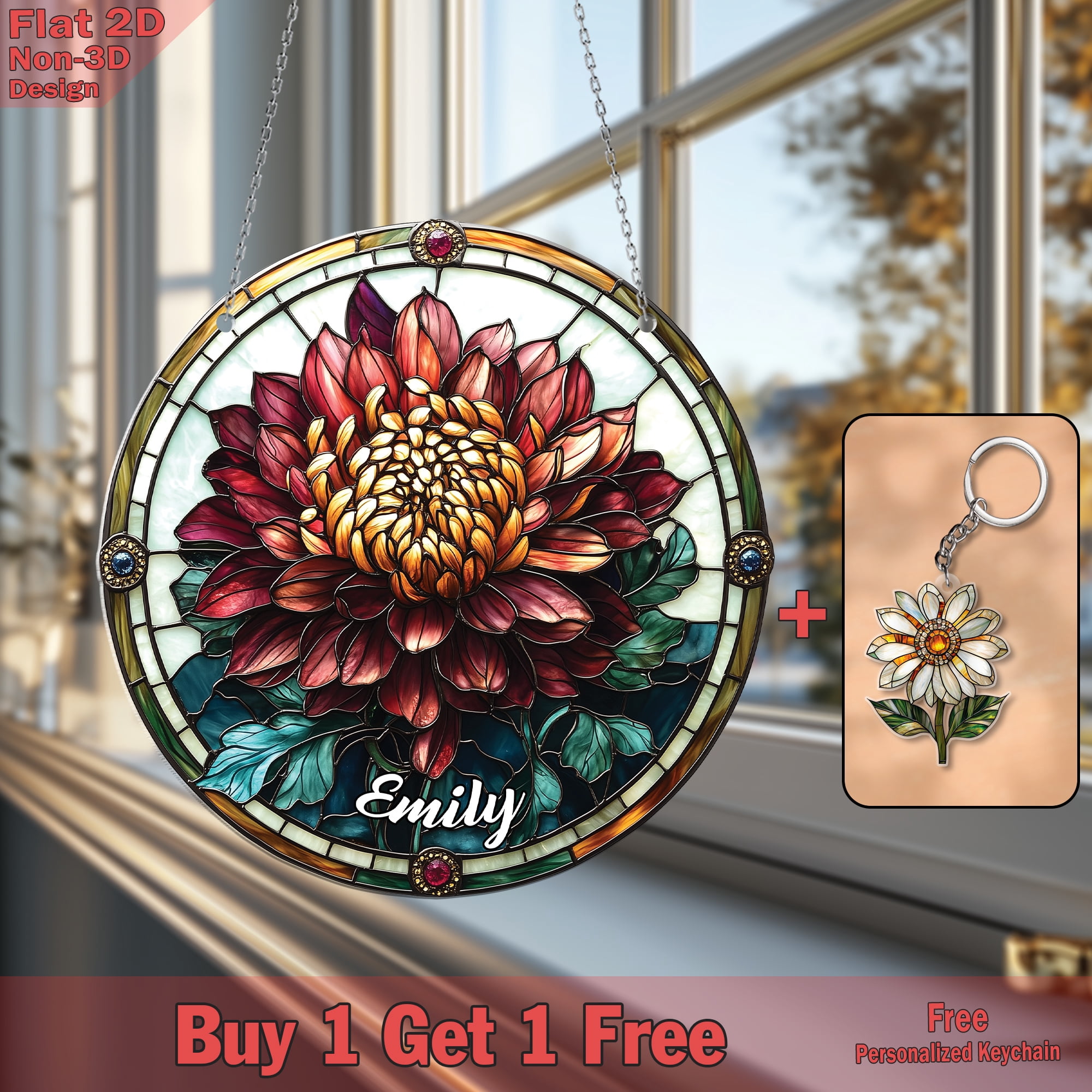 Personalized Dahlia Flower Stained Glass Effect Acrylic Window Hanging ...
