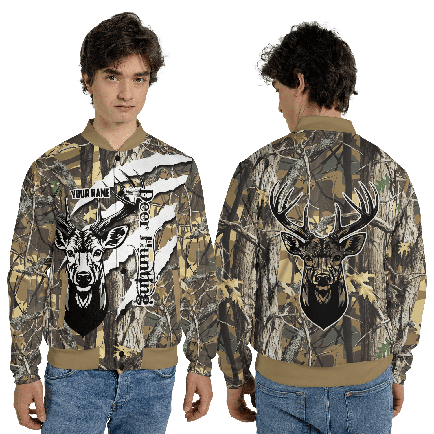 Personalized Deer Baseball Jacket – Custom Camo Buck Outdoor Jacket ...
