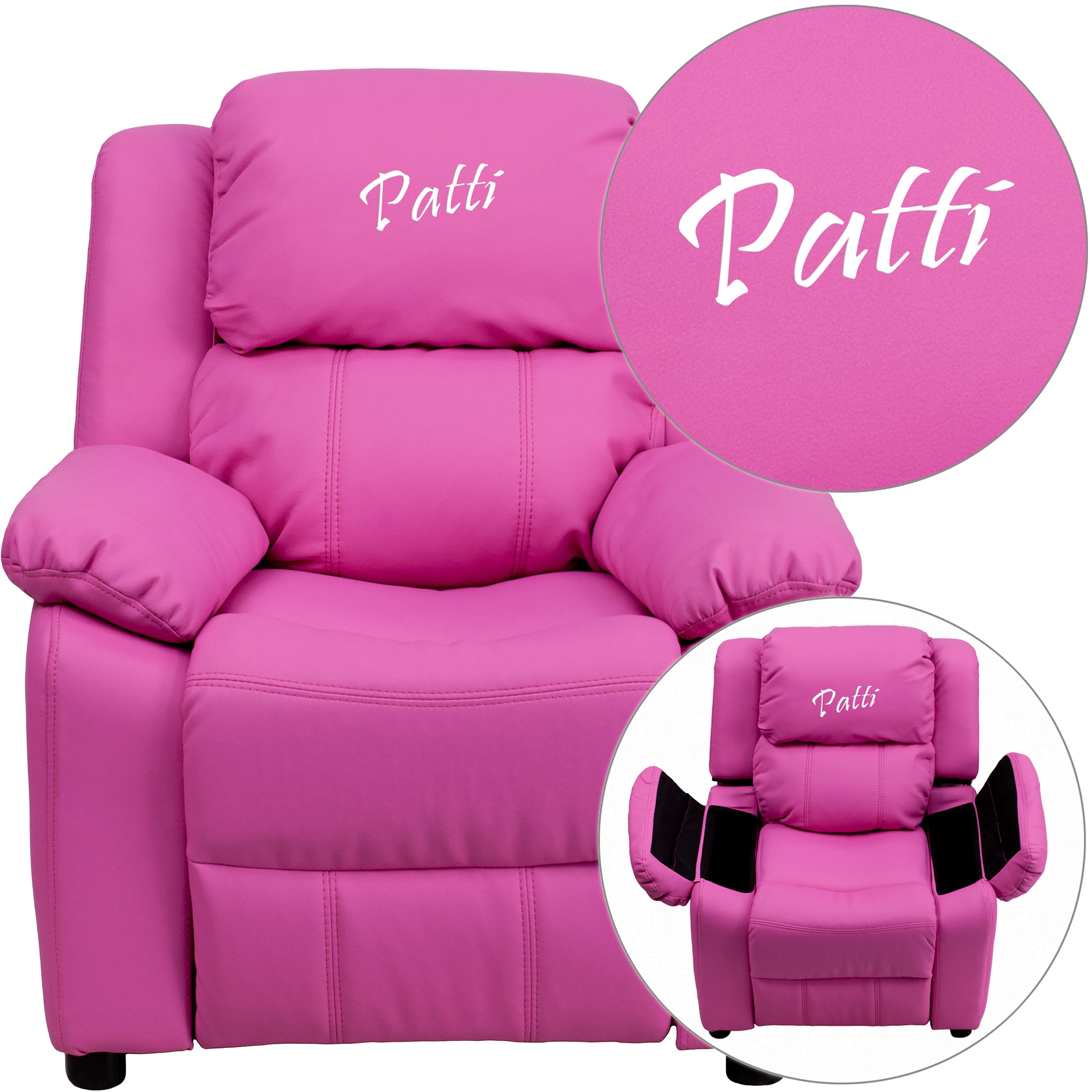 Personalized Deluxe Padded Hot Pink Vinyl Kids Recliner with Storage ...