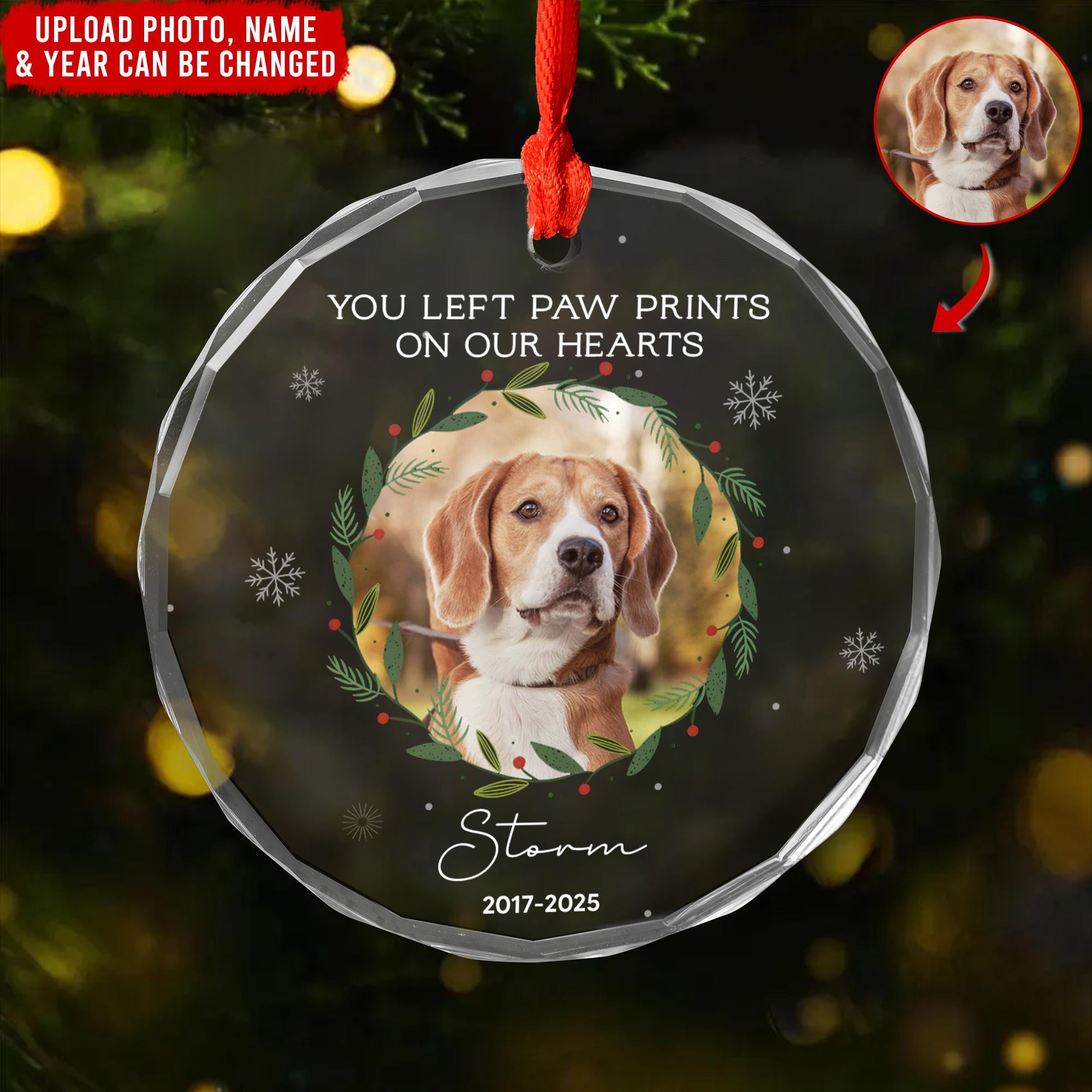 Personalized Dog Portrait Memorial Glass Ornament, You Left Paw Prints ...