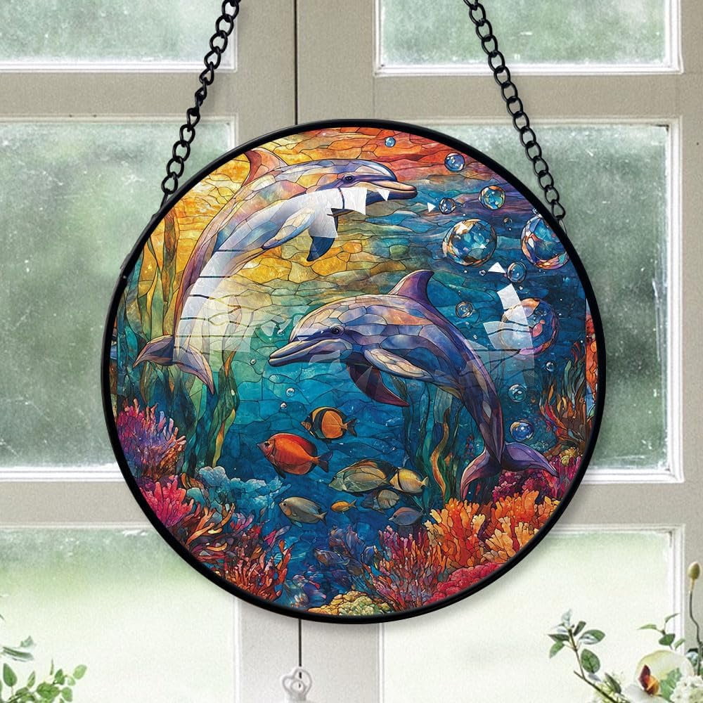 Personalized Dolphin Suncatcher Stained Glass, Dolphin Stained Glass ...