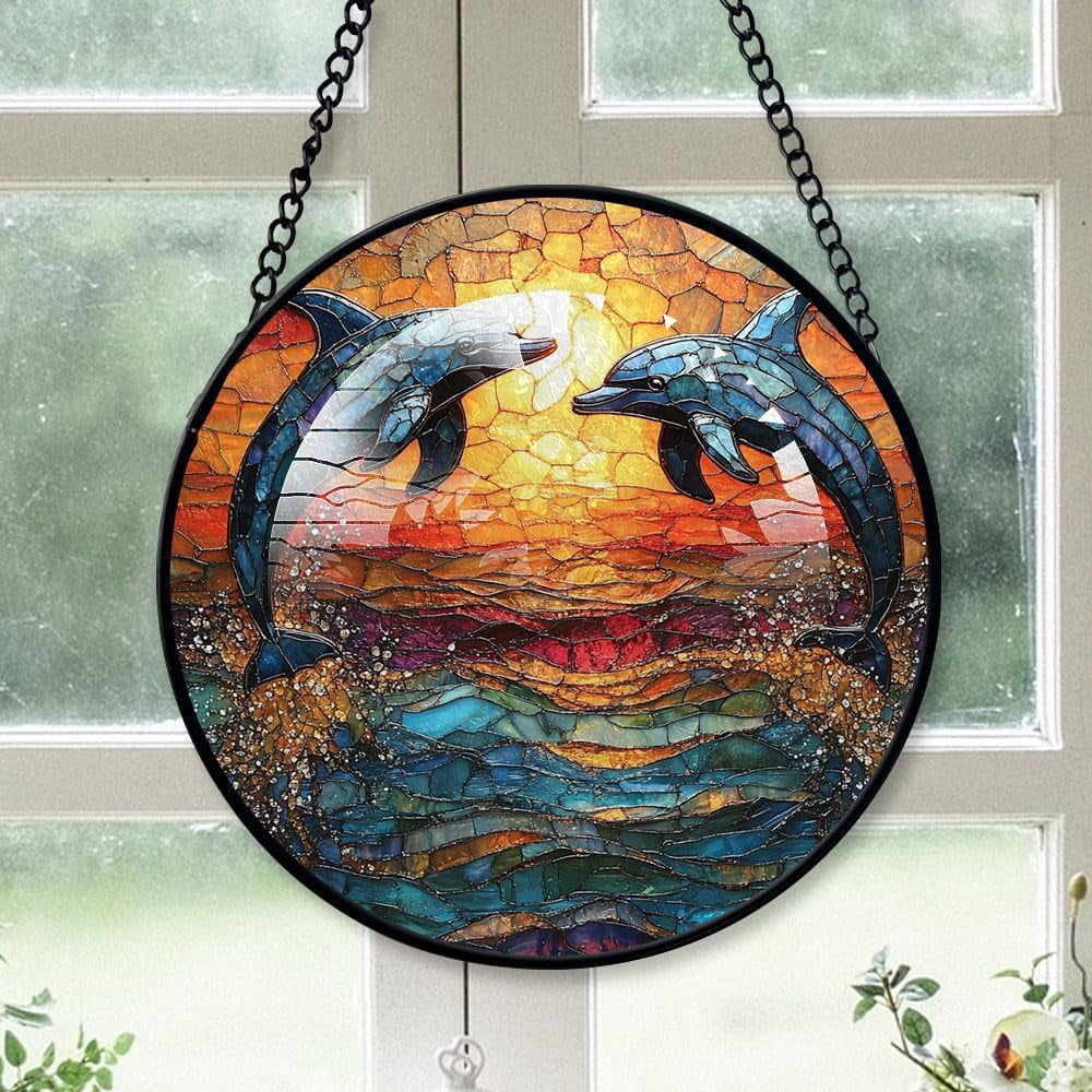 Personalized Dolphins Jumping Suncatcher Stained Glass, Dolphins ...