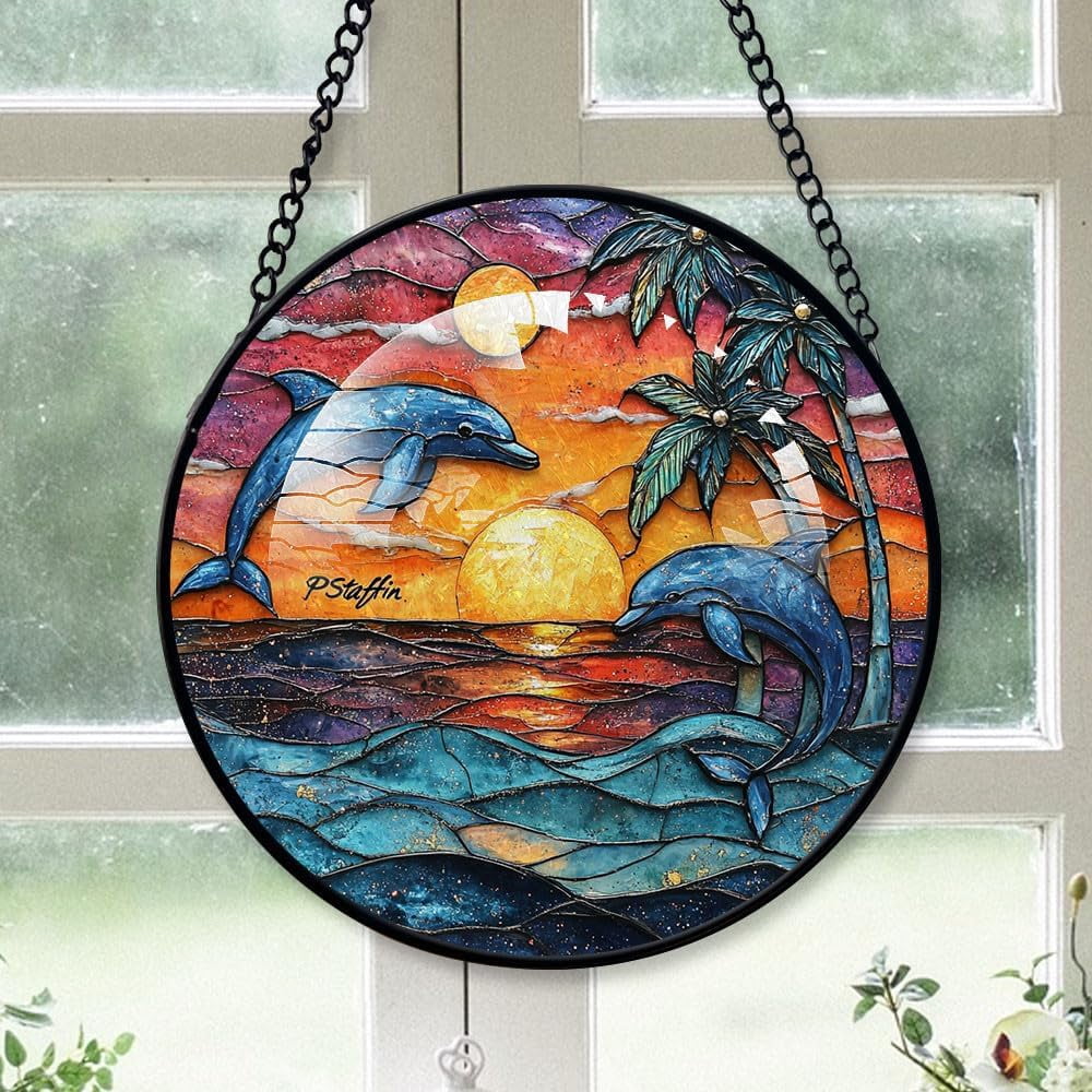 Personalized Dolphins Stained Glass Suncatcher Artistic Window Hanging ...