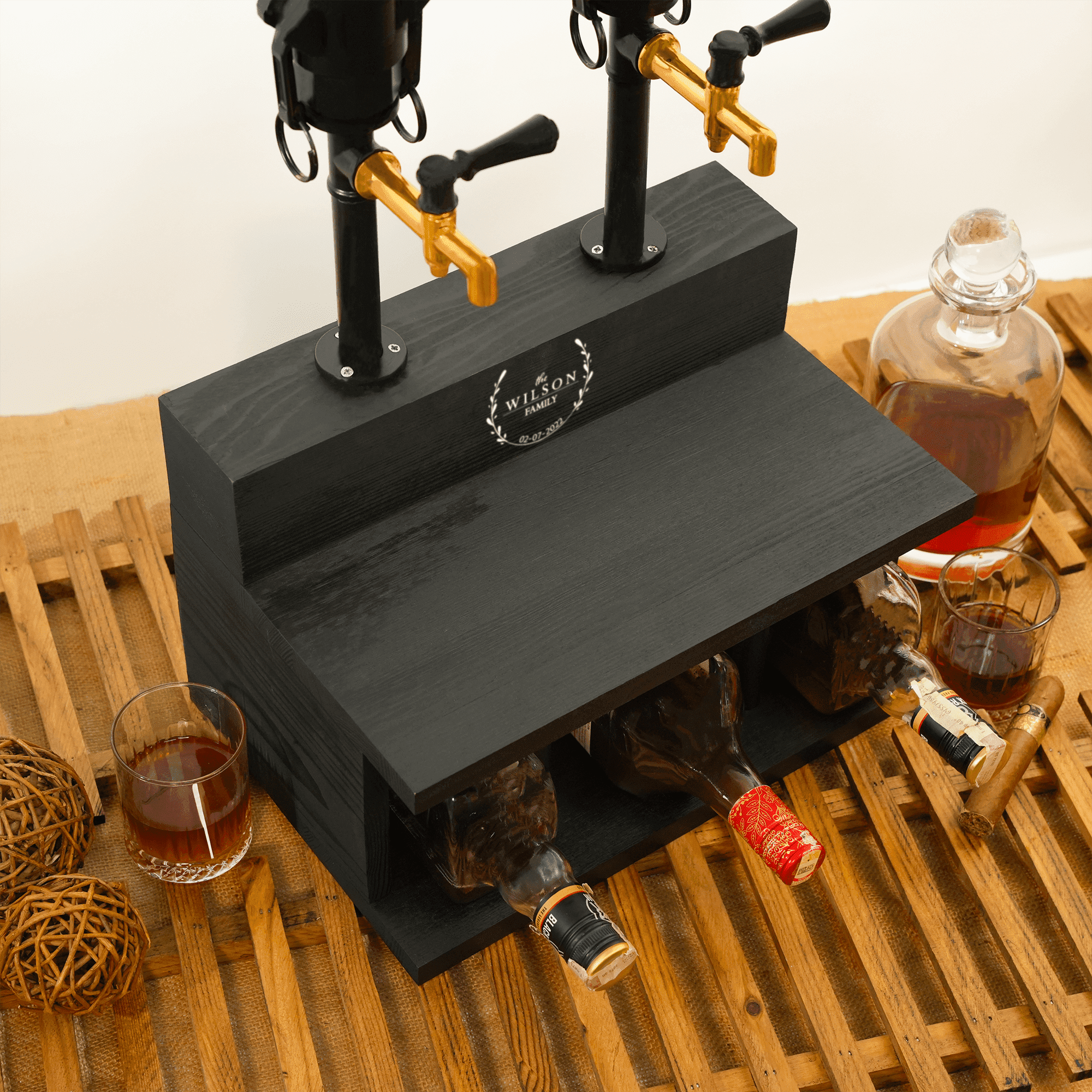 Personalized Double-Tap Whiskey Dispenser with 3-Bottle Storage ...