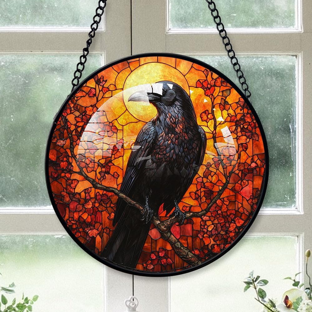 Personalized Eerie Night Crow Suncatcher Stained Glass, Eerie Night ...