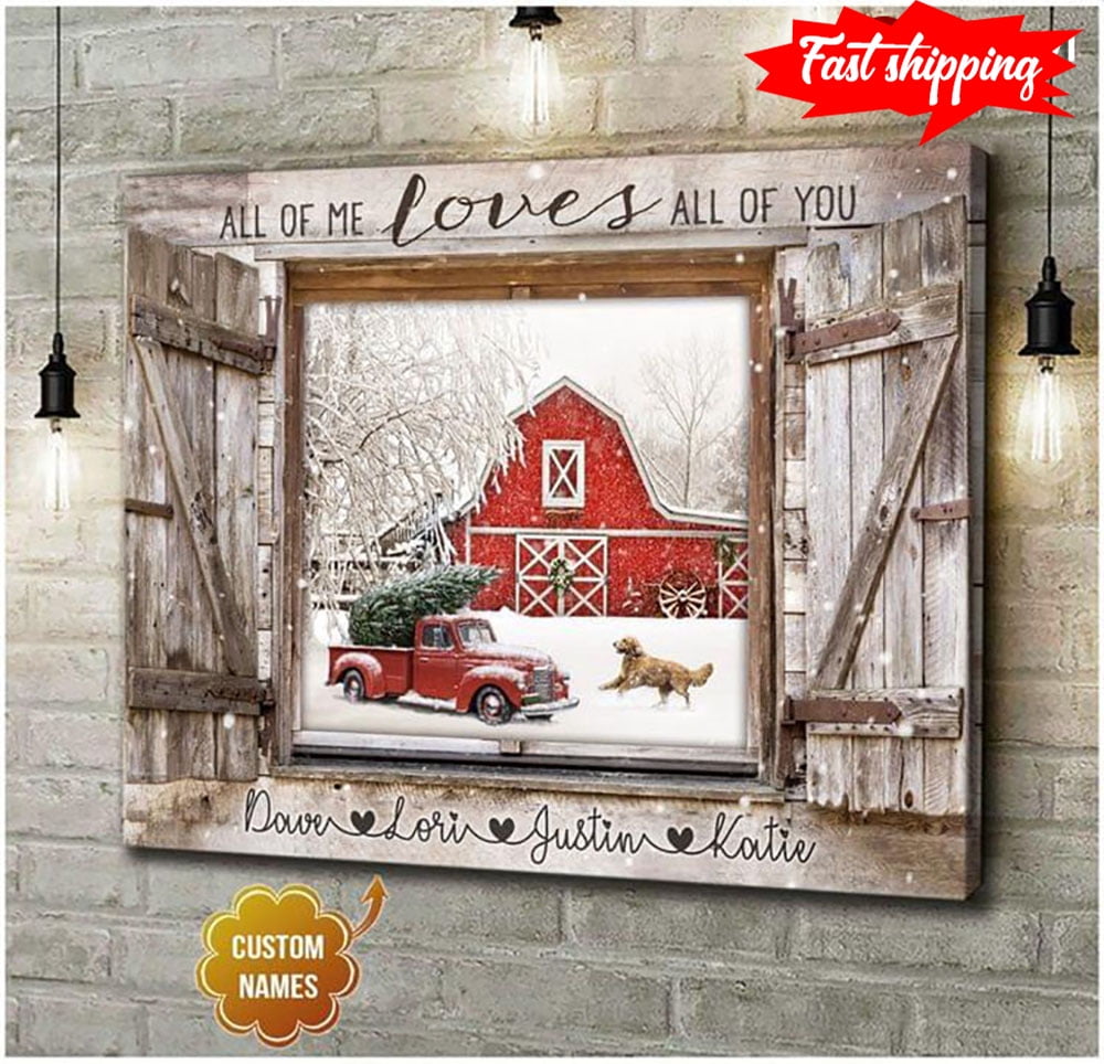 Personalized Family Name Barn Window Frame With Red Truck Carrying Pine ...