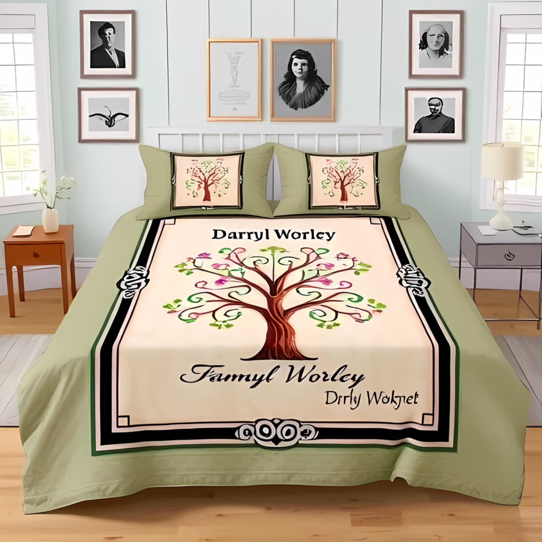 Personalized Family Tree Bedspread Set Light Green with Cream Center ...