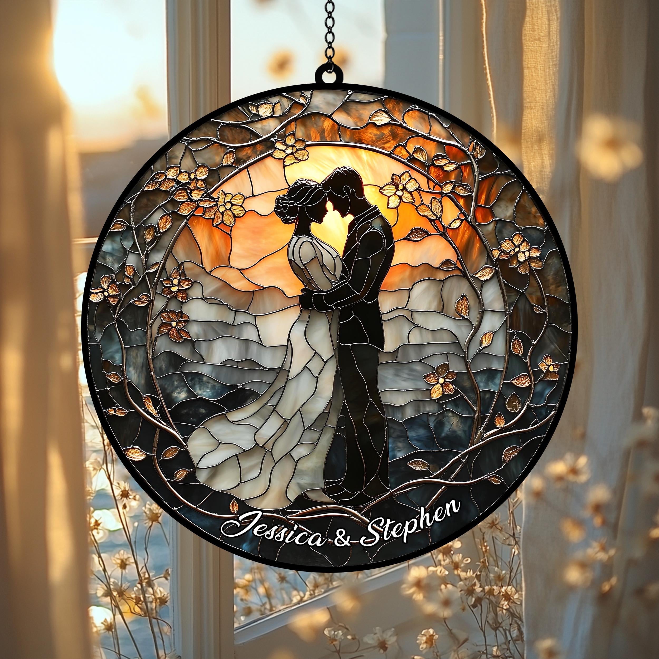 Personalized Faux Stained Glass Couples Suncatcher, Wedding Date Window ...