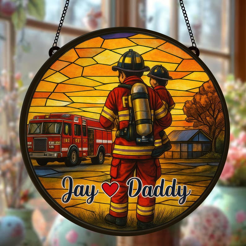 Personalized Firefighter Daddy & Me Glass Suncatcher Window Hanging ...