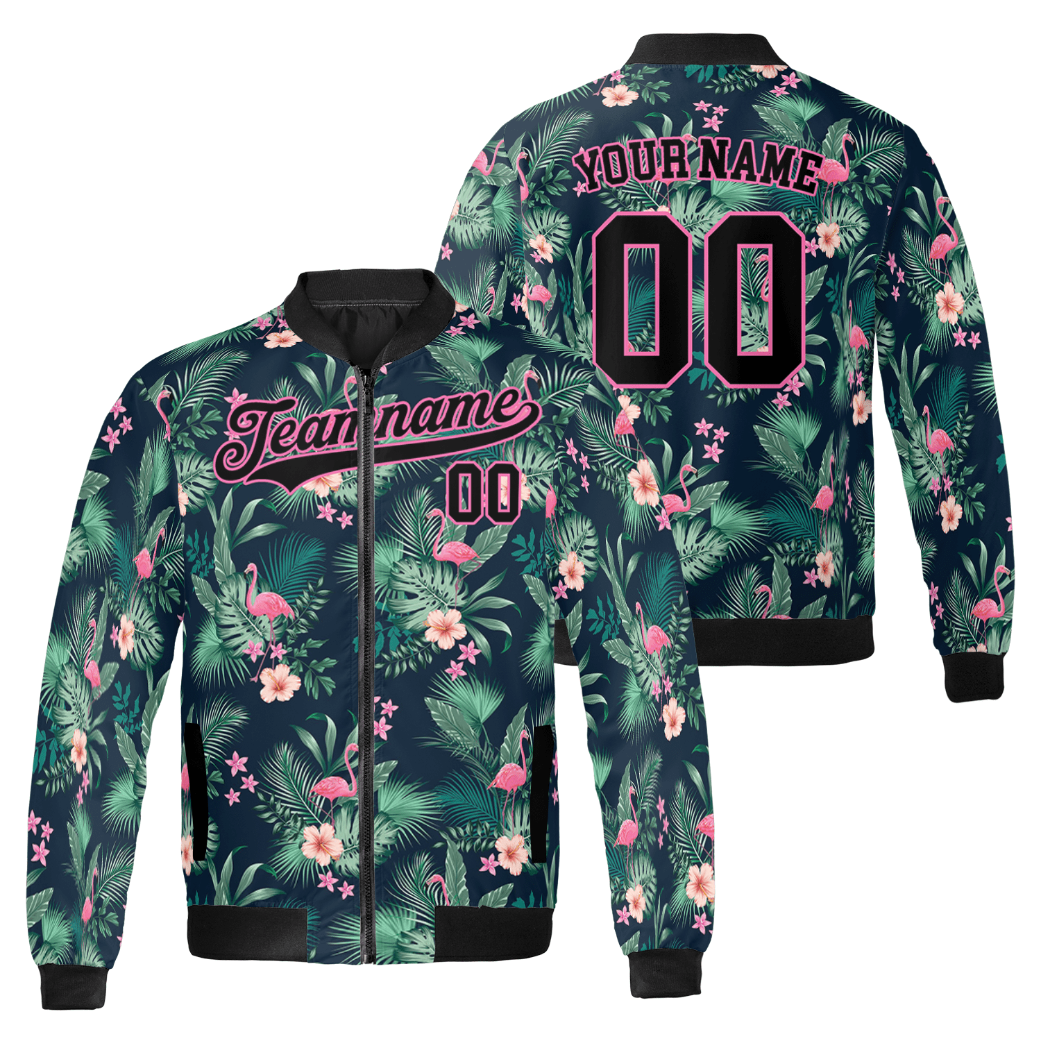 Personalized Flamingo Tropical Design Bomber Jacket - Custom Hibiscus ...