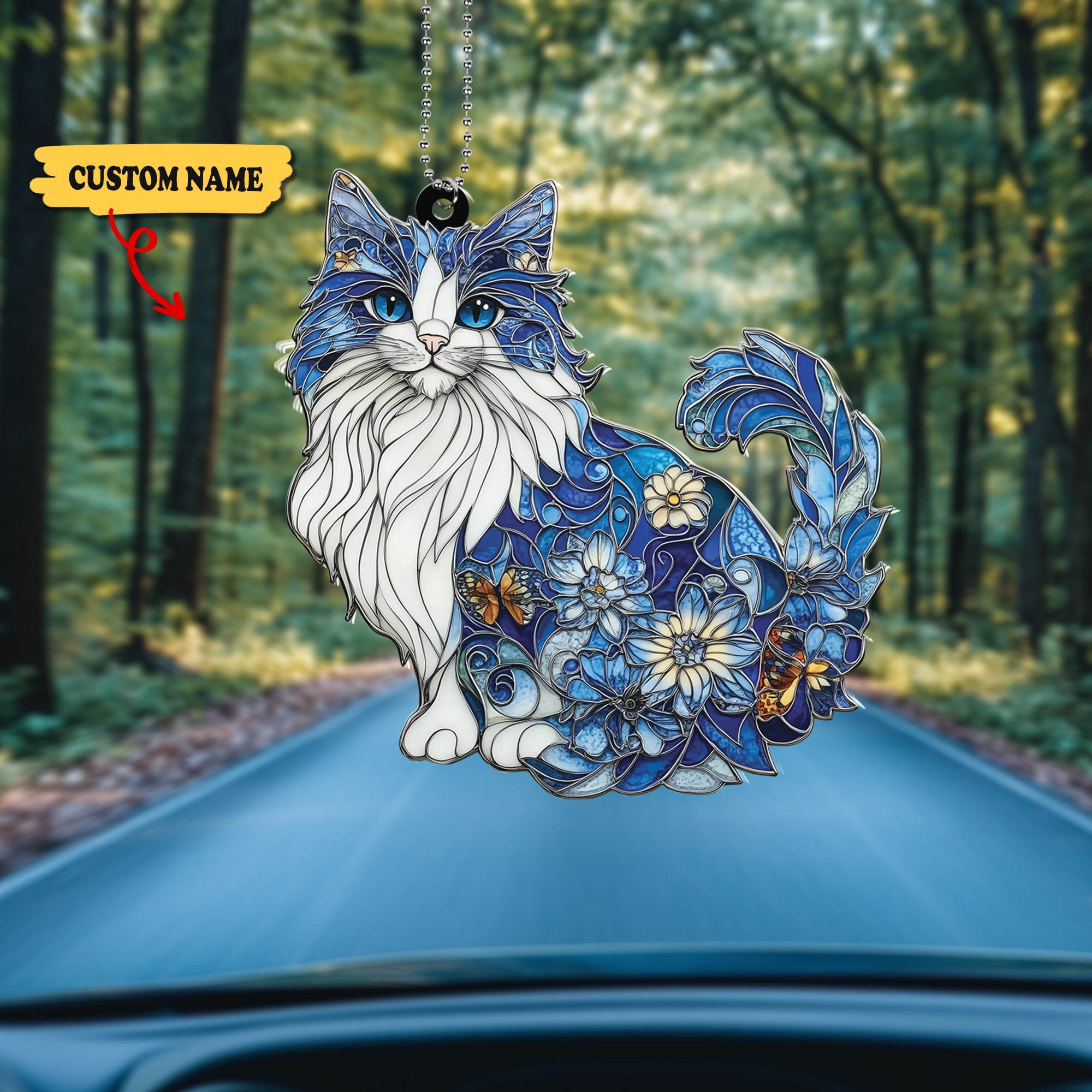 Personalized Floral Cat Window Hanging Acrylic, Custom Name Car ...