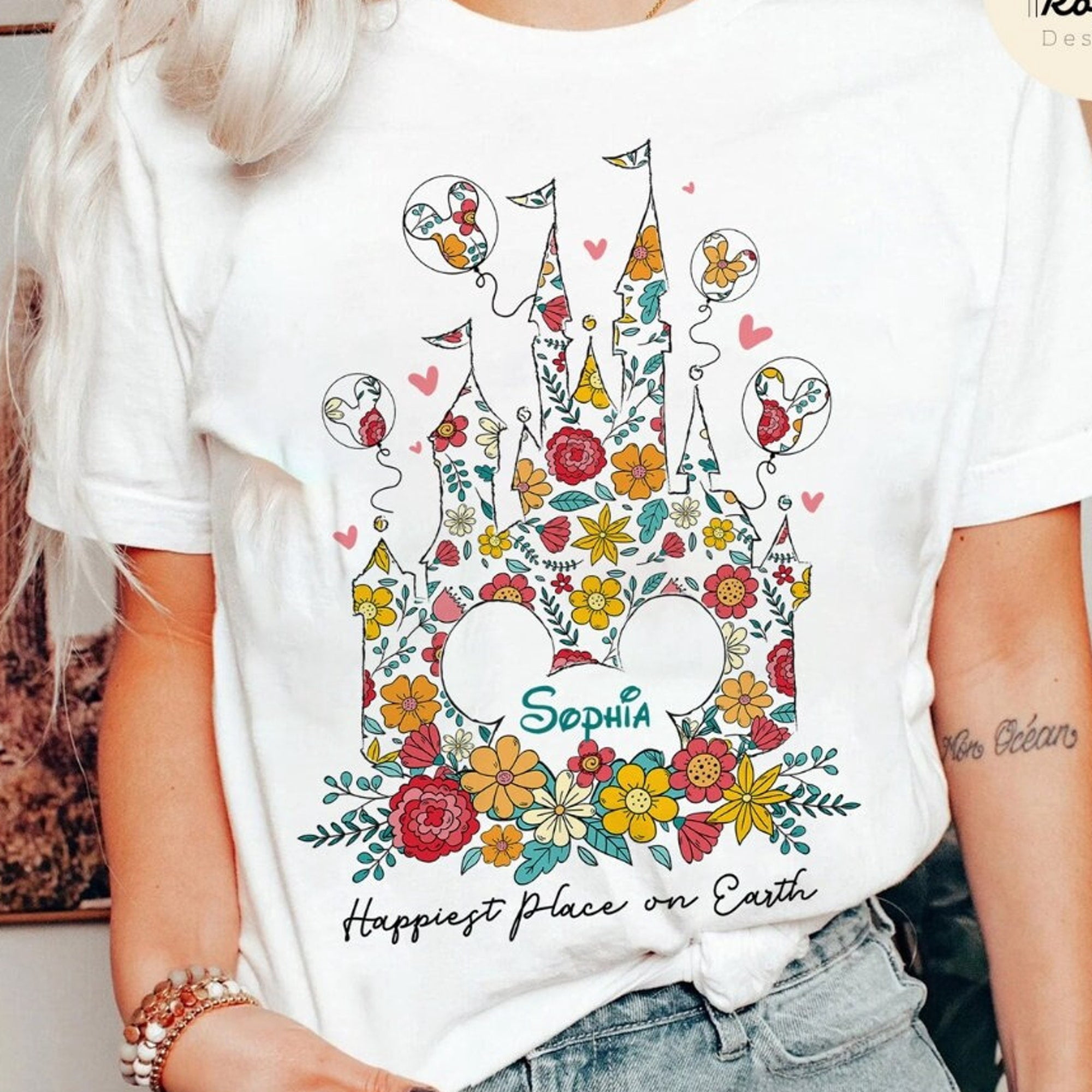 Personalized Floral Mickey Castle T-Shirt, Happiest Place On Earth ...