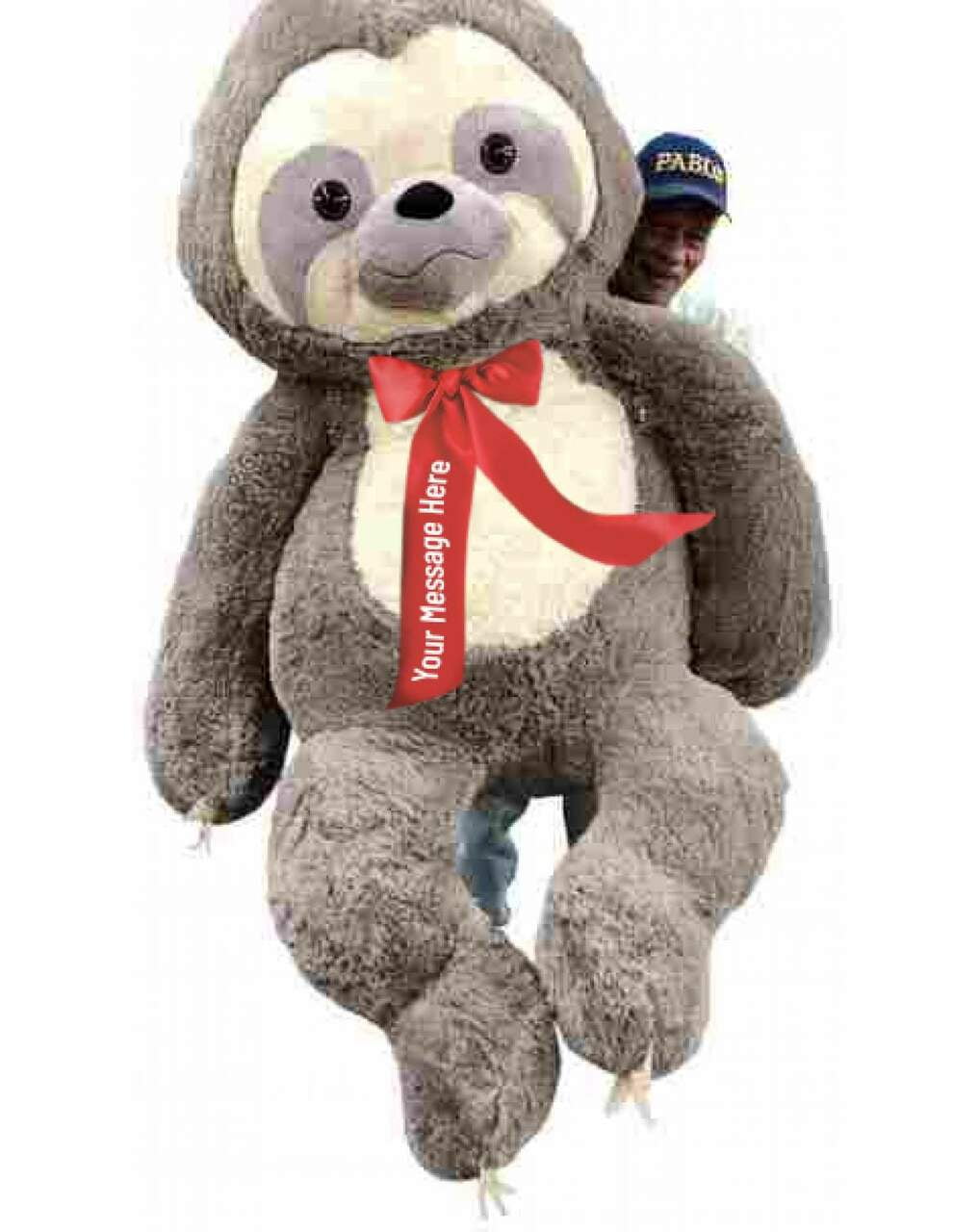Personalized Giant Stuffed Sloth has Red Satin Ribbon Bow Around Neck ...