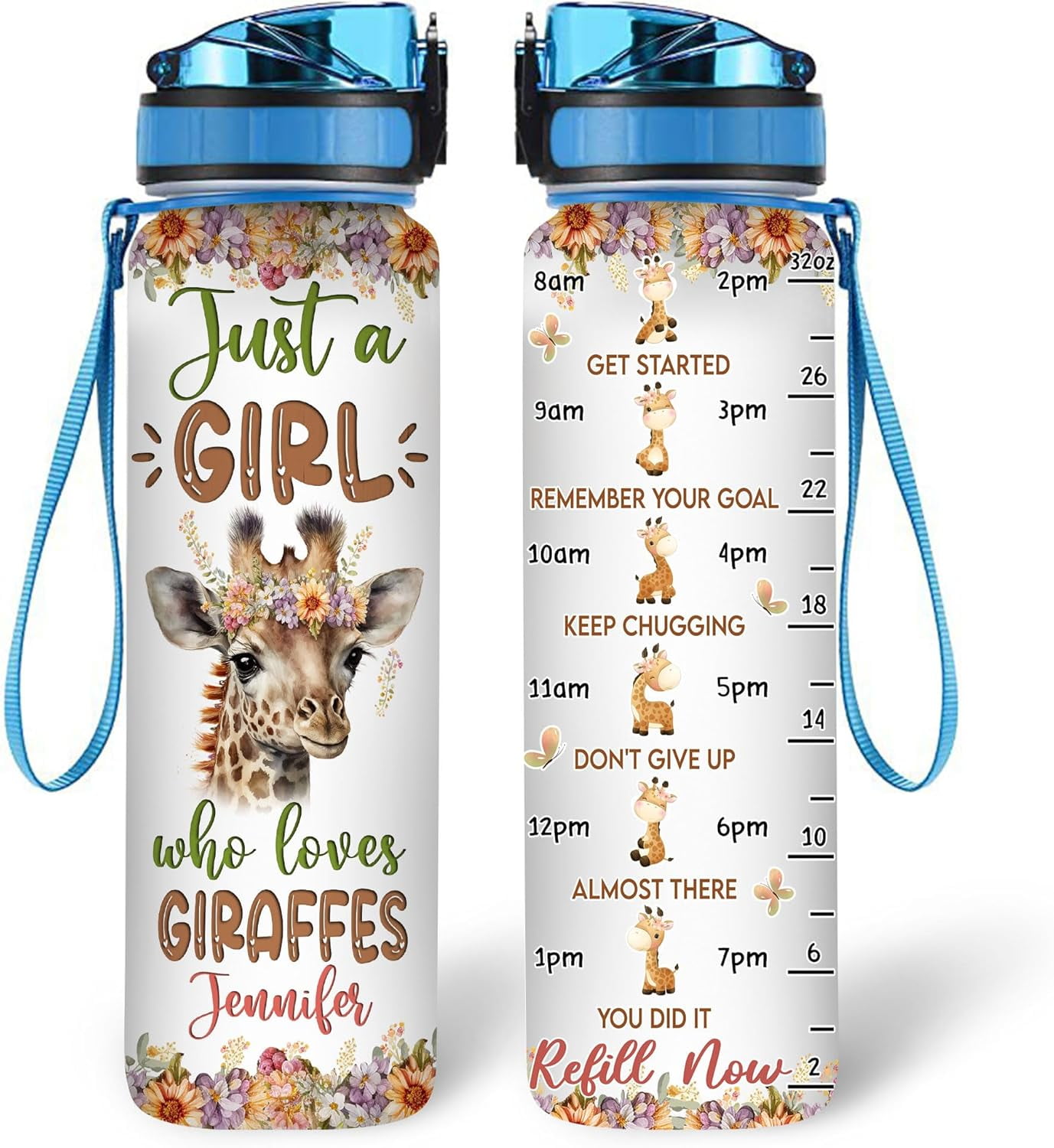 Personalized Giraffe Lovers 32 Oz 1Liter Motivational Water Bottle With Time Marker, Just A Girl ...