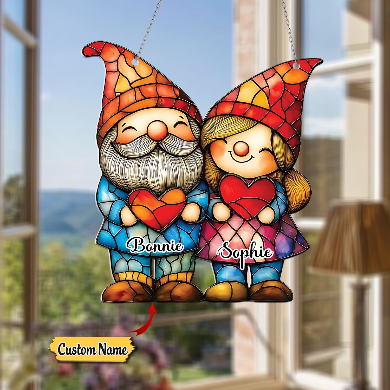 Personalized Gnome Couple Window Hanging, Custom Name Elf Figurines ...